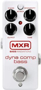 mxr m282 dyna comp bass compressor effect pedal - white, analog, 9.0v, 9.0ma, knob controls, adapter powered, 1/4 inch audio