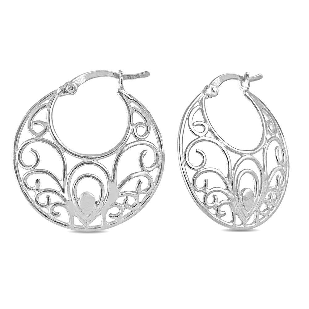 Charmsy 25 Sterling Silver Filigree Hoop Earrings for Women | Lightweight Click-Top Filigree Cut-out Dangle Earrings | Size 26mm