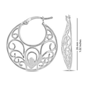 Charmsy 25 Sterling Silver Filigree Hoop Earrings for Women | Lightweight Click-Top Filigree Cut-out Dangle Earrings | Size 26mm