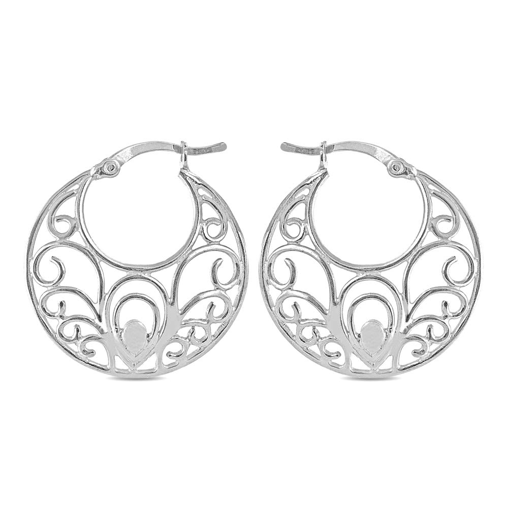 Charmsy 25 Sterling Silver Filigree Hoop Earrings for Women | Lightweight Click-Top Filigree Cut-out Dangle Earrings | Size 26mm