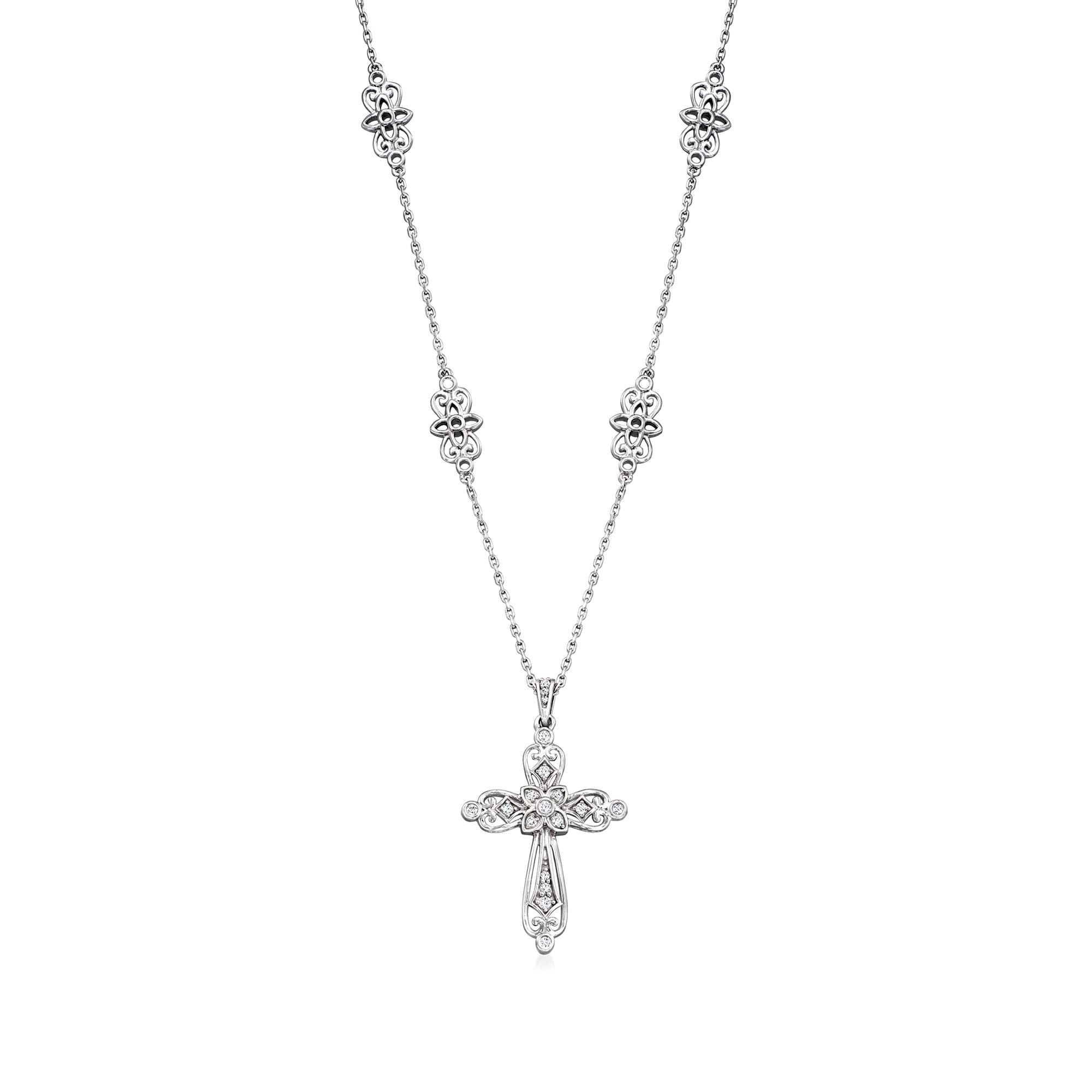 Ross-Simons 0.25 ct. t.w. Diamond Openwork Cross Pendant Necklace in Sterling Silver. 16 inches