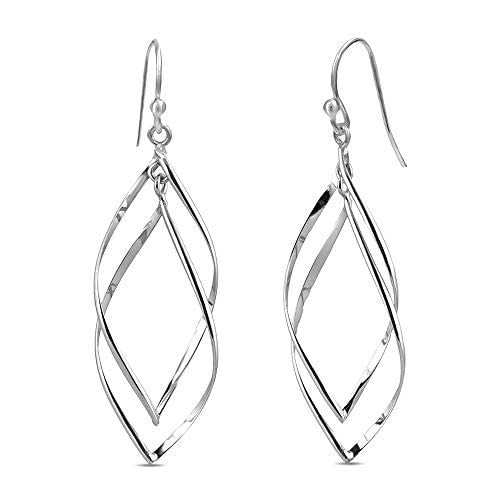 925 Sterling Silver Double Twisted Drop Dangle Earrings for Women | Classic Linear Marquise Loops Earring