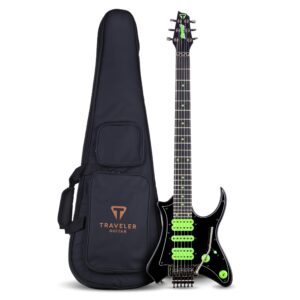 traveler guitar vaibrant v88x deluxe electric guitar for travel | small guitar with compact headstock shape | full 25.5” scale travel guitar | portable mini guitar with custom gig bag, cosmic black