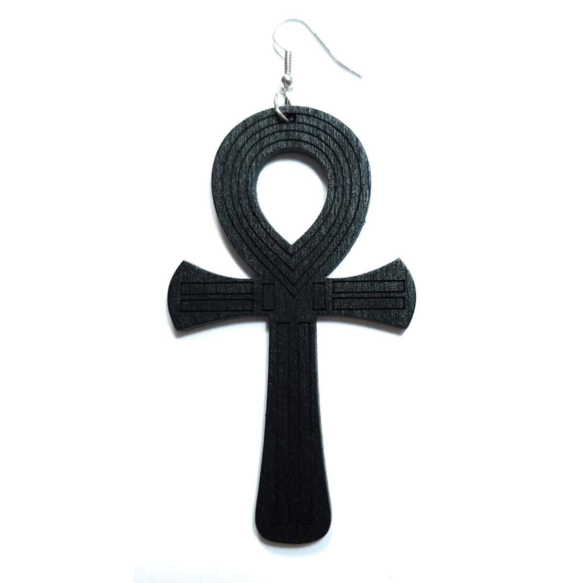 Teri's Boutique Natural Wood Anka Ankh Cross Life Of Symbol Fashion Jewelry Women Dangle Earrings (Black)