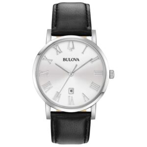 bulova men's classic 3-hand calendar date quartz leather strap watch, roman numeral markers, 40mm style:96b312