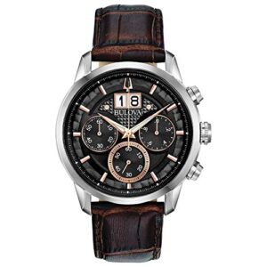 bulova men's classic sutton 6-hand chronograph calendar "big date" leather strap quartz watch, domed mineral crystal, 44mm