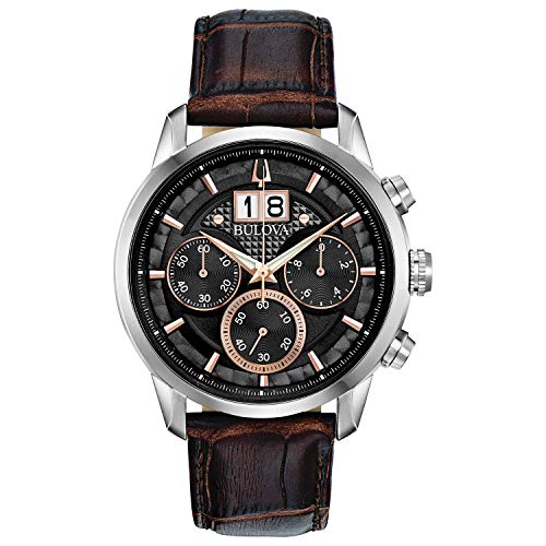 Bulova Men's Classic Sutton 6-Hand Chronograph Calendar "Big Date" Leather Strap Quartz Watch, Domed Mineral Crystal, 44mm