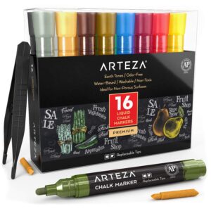 arteza pastel liquid chalk markers, set of 16, tweezers, labels, stencils, erasable, water based pens for chalkboards, glass, windows, and more