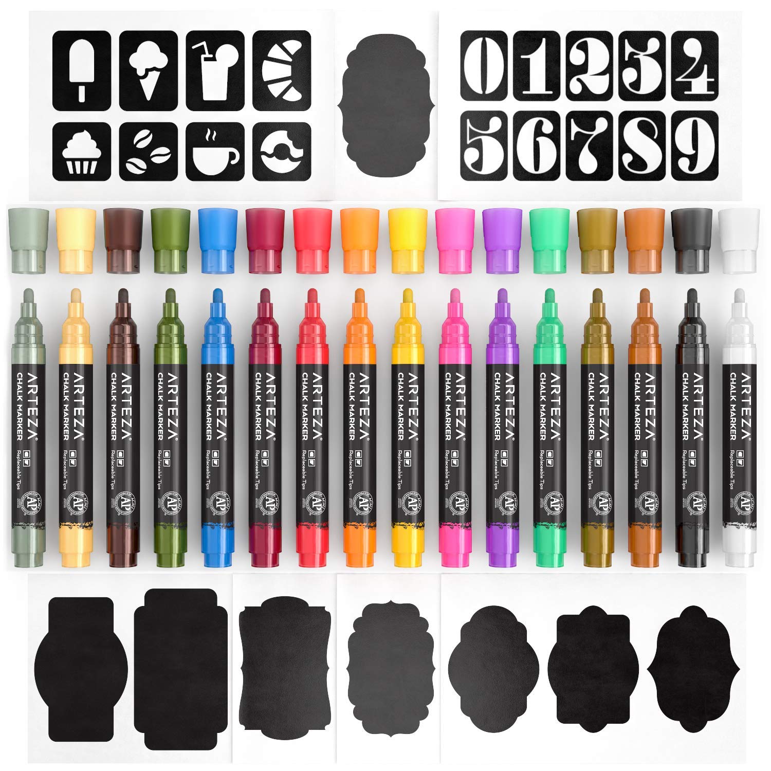 ARTEZA Pastel Liquid Chalk Markers, Set of 16, Tweezers, Labels, Stencils, Erasable, Water Based Pens for Chalkboards, Glass, Windows, and More