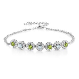 gem stone king 925 sterling silver green peridot and sky blue aquamarine tennis bracelet for women (2.18 cttw, gemstone august birthstone, 7 inch with 2 inch extender)