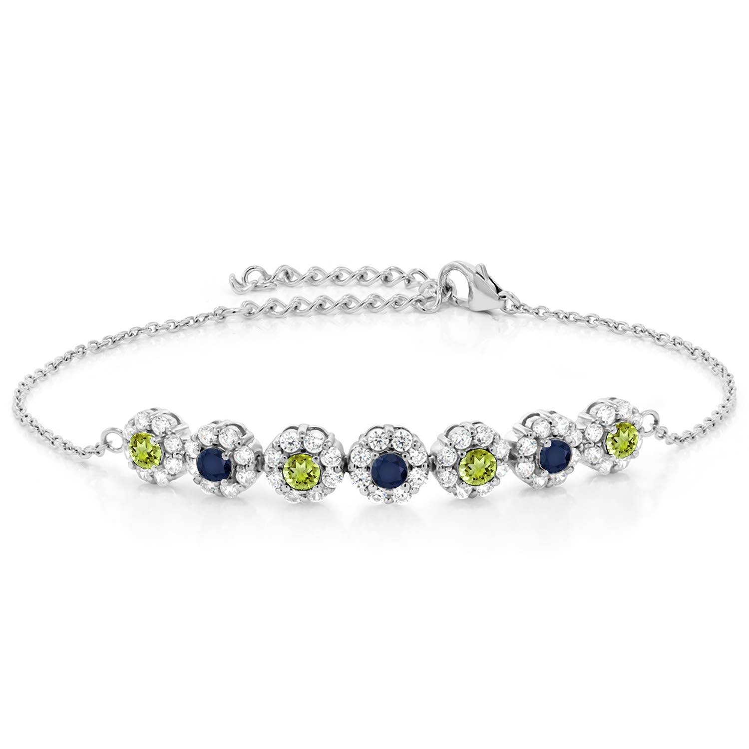 Gem Stone King 925 Sterling Silver Green Peridot Blue Sapphire and White Zirconia Tennis Bracelet For Women (1.58 Cttw, Gemstone August Birthstone, 7 Inch with 2 Inch Extender)