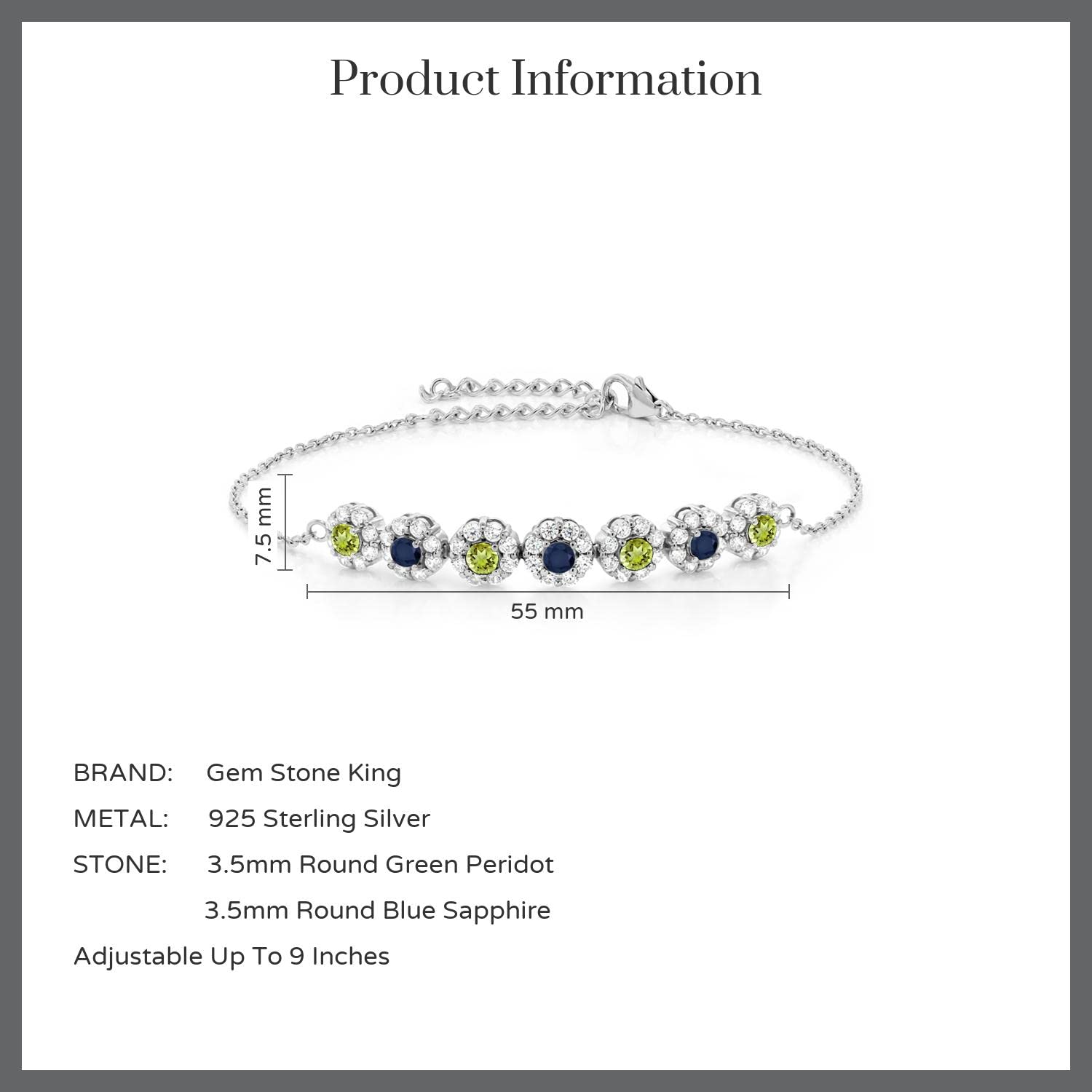 Gem Stone King 925 Sterling Silver Green Peridot Blue Sapphire and White Zirconia Tennis Bracelet For Women (1.58 Cttw, Gemstone August Birthstone, 7 Inch with 2 Inch Extender)