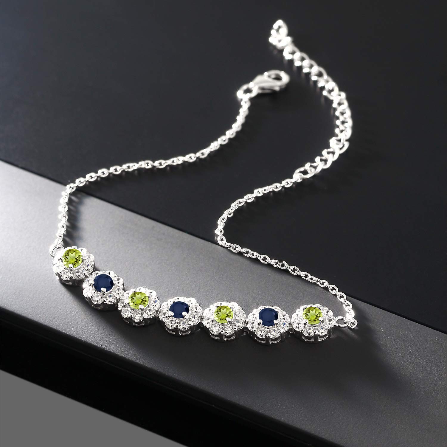 Gem Stone King 925 Sterling Silver Green Peridot Blue Sapphire and White Zirconia Tennis Bracelet For Women (1.58 Cttw, Gemstone August Birthstone, 7 Inch with 2 Inch Extender)