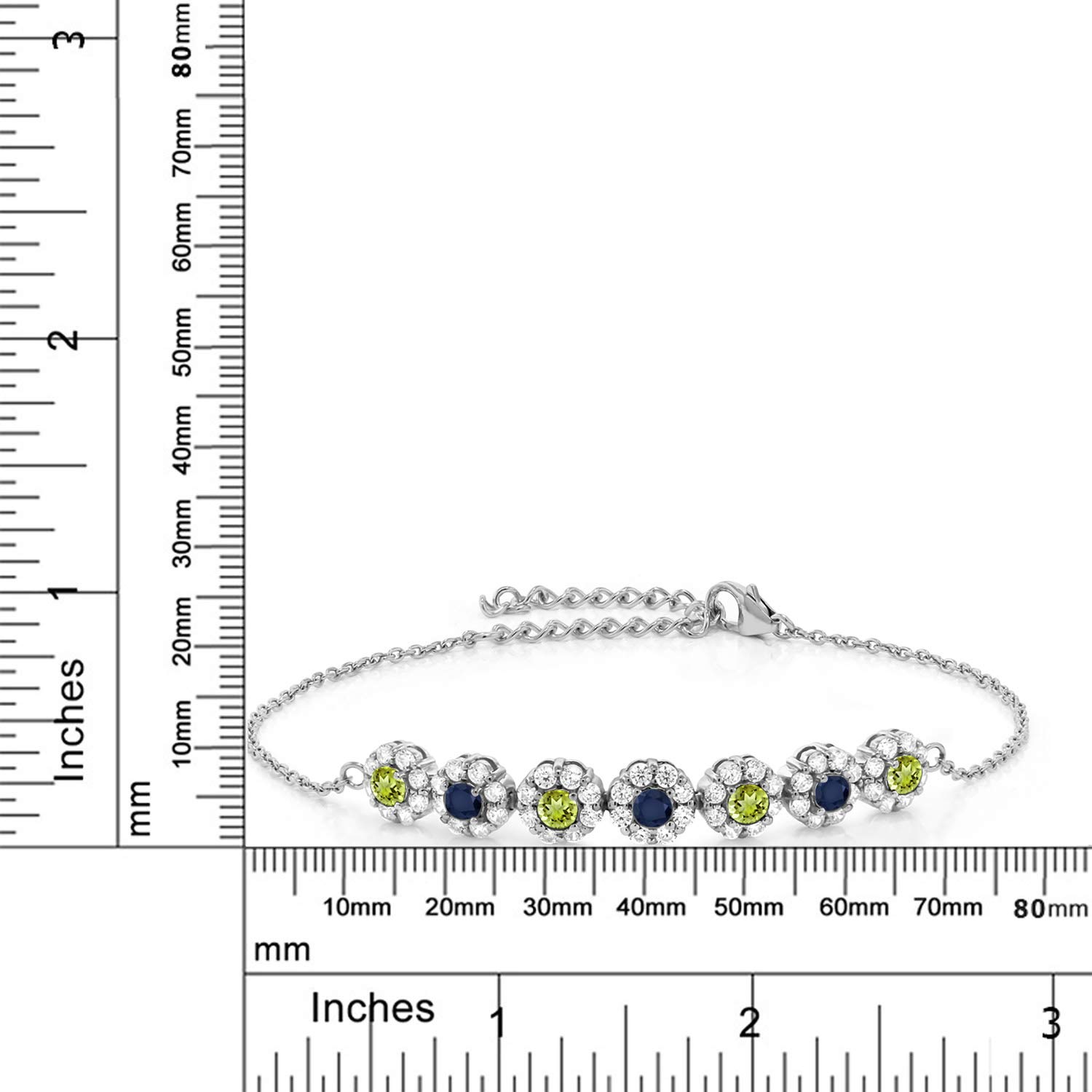 Gem Stone King 925 Sterling Silver Green Peridot Blue Sapphire and White Zirconia Tennis Bracelet For Women (1.58 Cttw, Gemstone August Birthstone, 7 Inch with 2 Inch Extender)