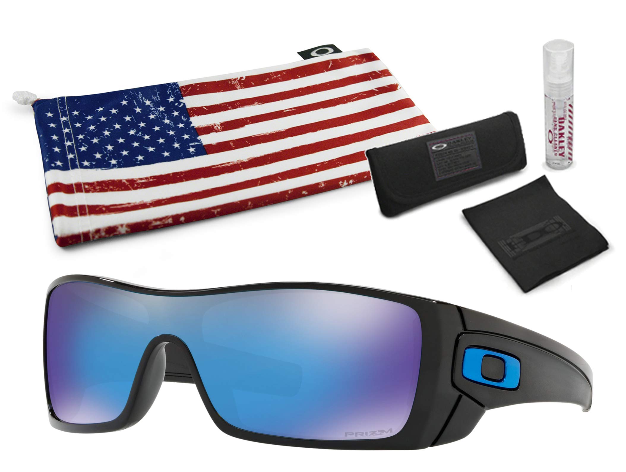 Oakley Batwolf Sunglasses (Polished Black Frame, Prizm Sapphire Lens) with Lens Cleaning Kit and Country Flag Microbag