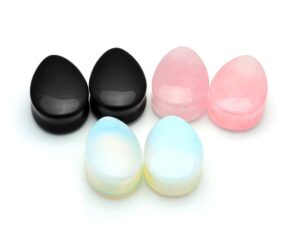 mystic metals body jewelry set of 3 pairs teardrop stone plugs - black onyx, opalite, rose quartz (3/4" (19mm))