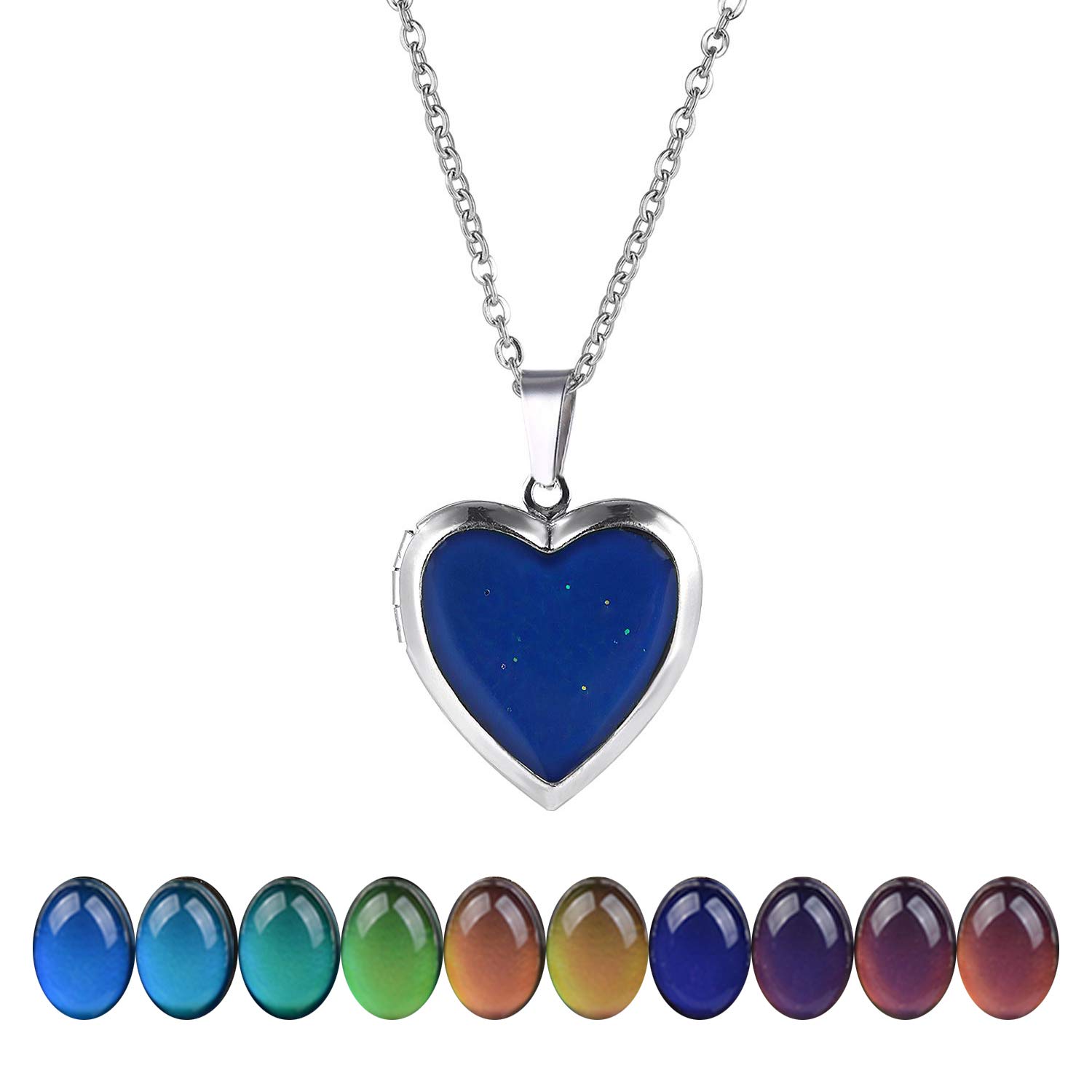 FM FM42 Temperature Sensing Color Changing Heart Openable Locket Pendant Necklace with 19.29" Stainless Steel Rolo Chain ZN1130