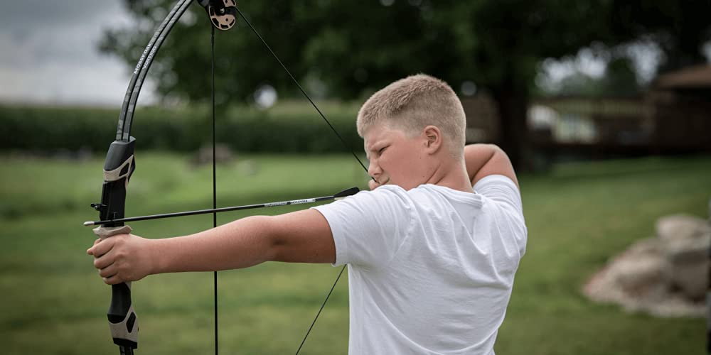 Barnett Vertigo Compound Bow, Youth Bow Ages 7-10, with 2 Junior Arrows, Arrow Rest, Mossy Oak Bottomland Camo