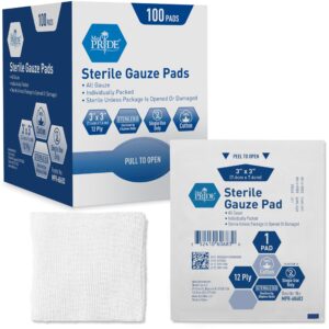 med pride 3" x 3" sterile gauze pads for wound dressing|100-pack, individually packed pouches|12-ply cotton & highly absorbent|gauze sponge-pads for wound care & home first aid kits