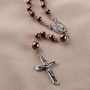 Brown Imitation Pearl Bead Rosary with Saint Joseph Centerpiece, 19 Inch