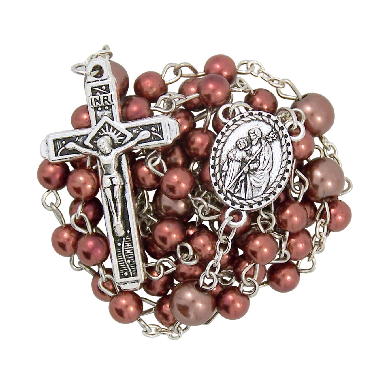 Brown Imitation Pearl Bead Rosary with Saint Joseph Centerpiece, 19 Inch