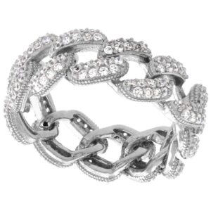 sterling silver cz link chain ring for women micro pave rhodium finish 5/16 in wide size 8