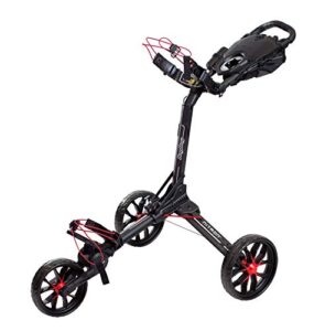 bag boy nitron 3 wheel golf push cart, easy 1 step open and fold, scorecard console, beverage holder, mobile device holder, handle mounted parking brake