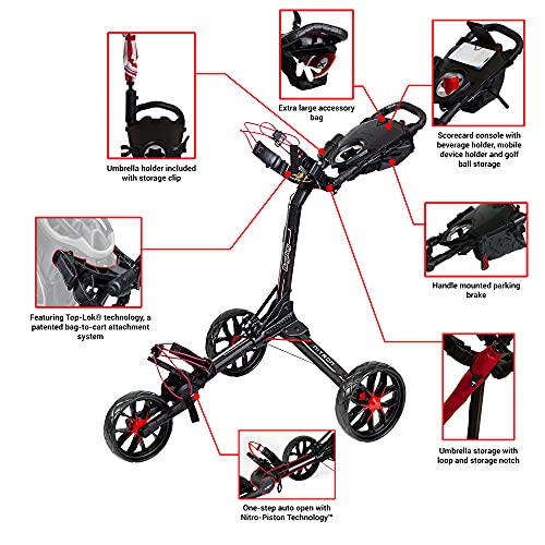 Bag Boy Nitron 3 Wheel Golf Push Cart, Easy 1 Step Open and Fold, Scorecard Console, Beverage Holder, Mobile Device Holder, Handle Mounted Parking Brake