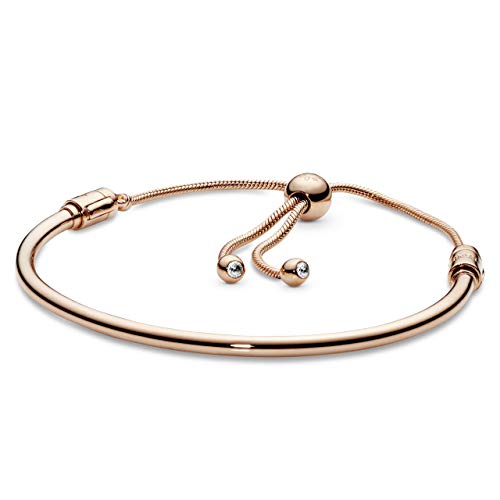 Pandora Moments 14k Rose Gold-Plated Slider Bangle - Charm Bracelet for Women - Compatible Moments Charms - Features Rose & Cubic Zirconia- Gift for Her - 7.5"