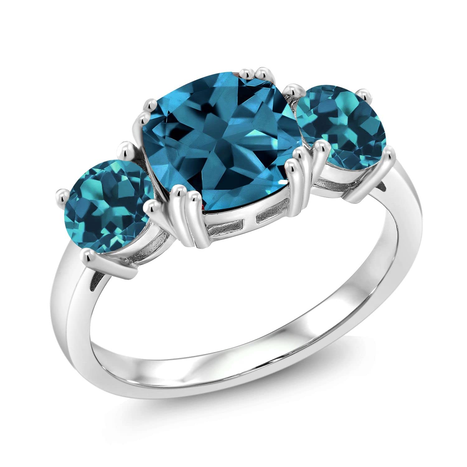 Gem Stone King 925 Sterling Silver London Blue Topaz 3 Stone Engagement Ring For Women (3.74 Cttw, Gemstone November Birthstone, Cushion 8MM, Size 6)