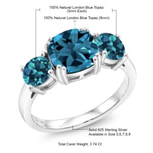 Gem Stone King 925 Sterling Silver London Blue Topaz 3 Stone Engagement Ring For Women (3.74 Cttw, Gemstone November Birthstone, Cushion 8MM, Size 6)