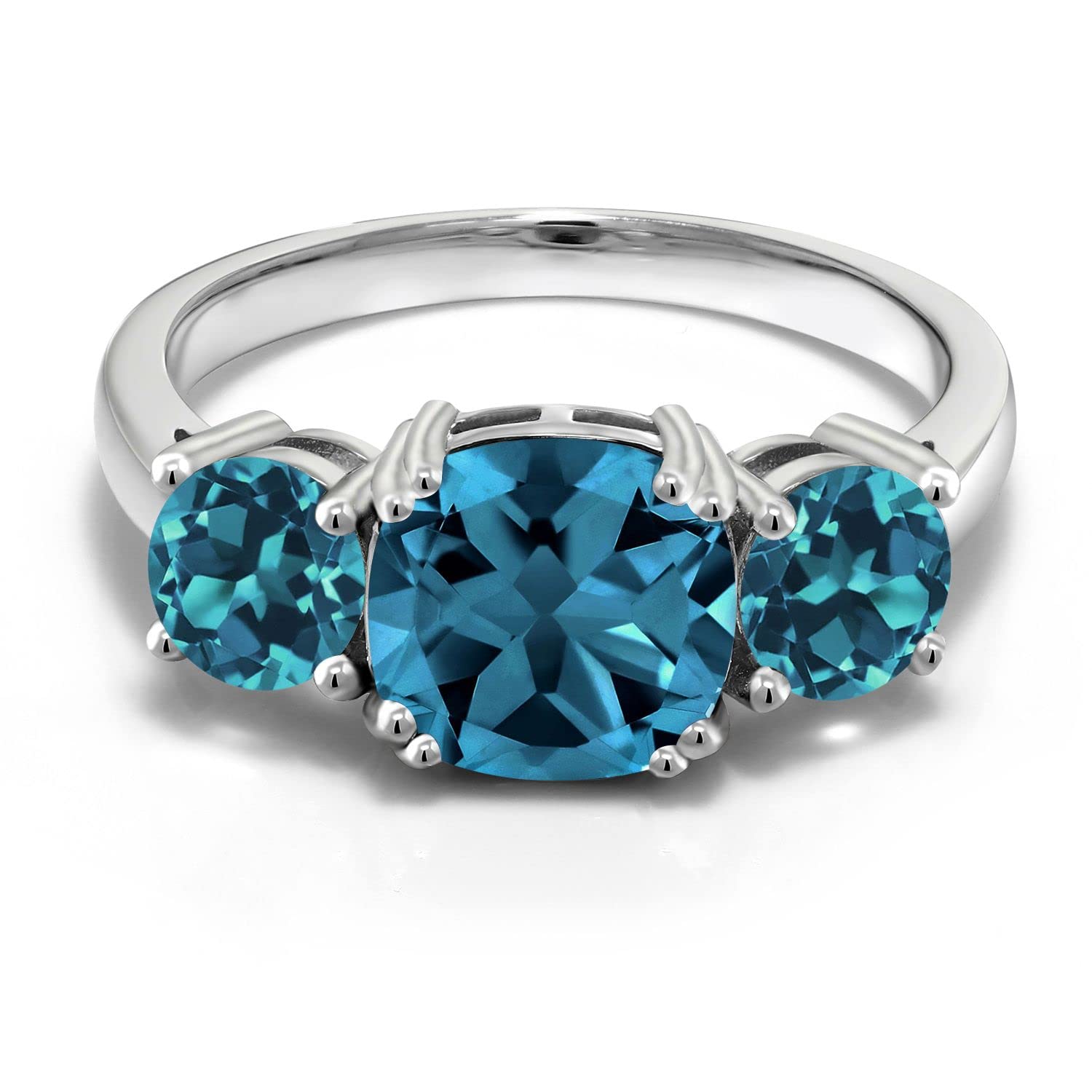 Gem Stone King 925 Sterling Silver London Blue Topaz 3 Stone Engagement Ring For Women (3.74 Cttw, Gemstone November Birthstone, Cushion 8MM, Size 6)