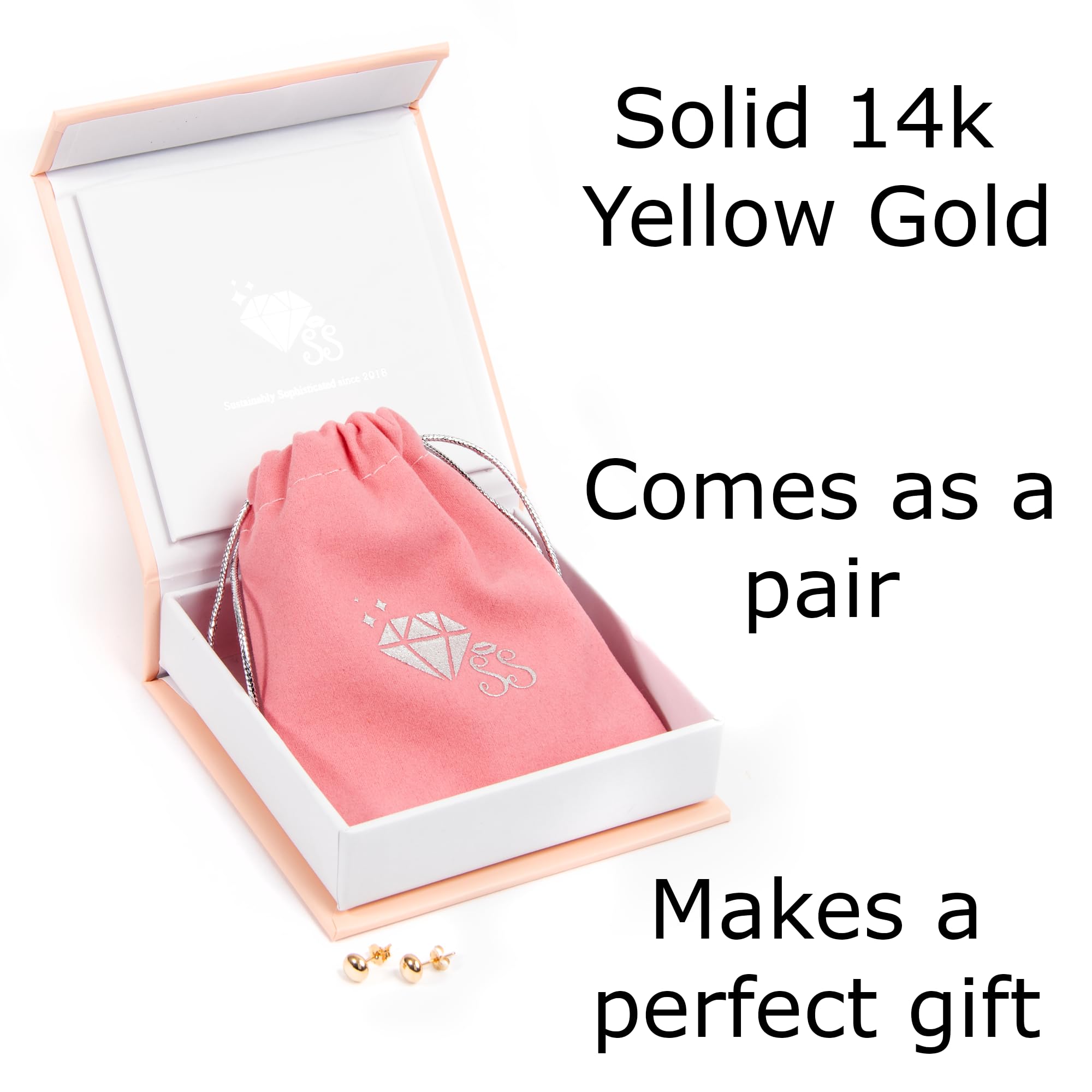 Silver Smile - 14K Solid Yellow Gold Ball Earrings for Women and Girls, Light Weight Studs, Attractive Butterfly Back Design, Ideal Gift for Loved Onces, Comes in 3mm/ 4mm/ 5mm/ 6mm/ 7mm/ 8mm