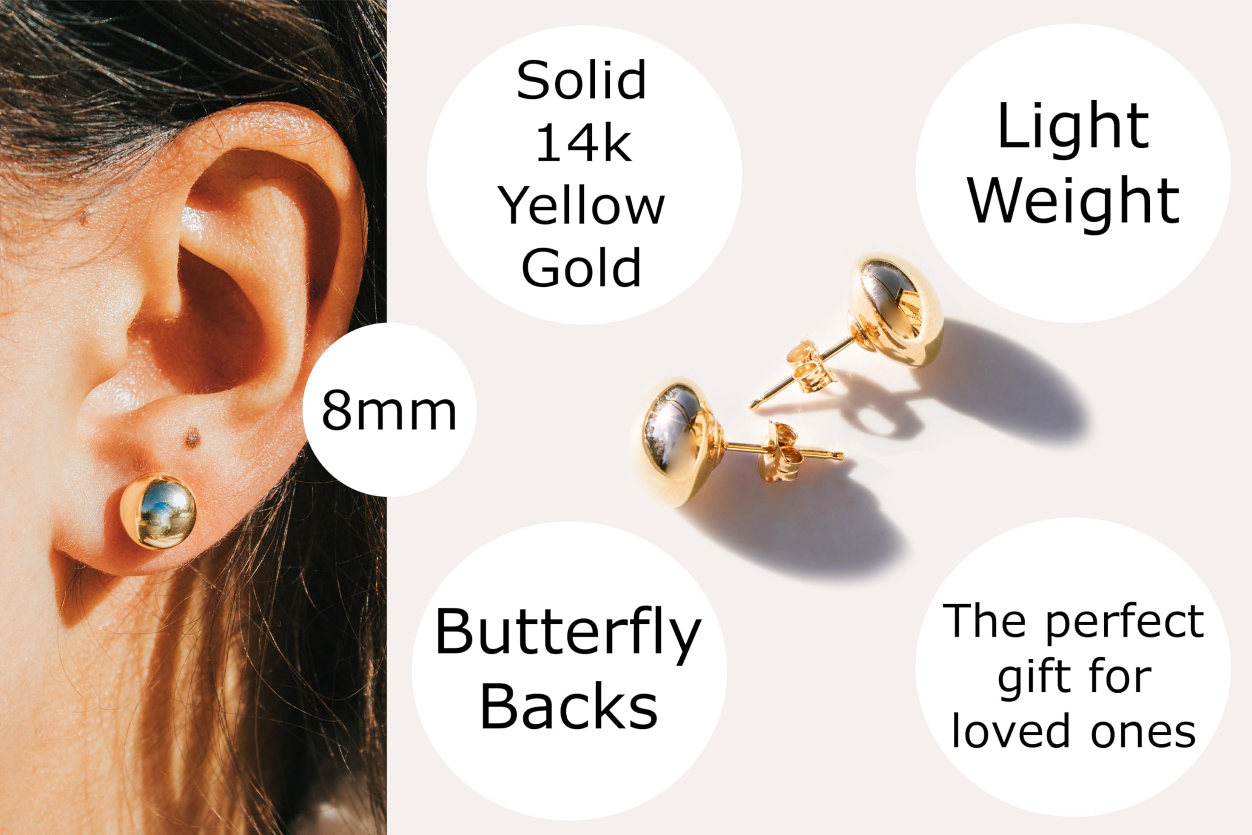 Silver Smile - 14K Solid Yellow Gold Ball Earrings for Women and Girls, Light Weight Studs, Attractive Butterfly Back Design, Ideal Gift for Loved Onces, Comes in 3mm/ 4mm/ 5mm/ 6mm/ 7mm/ 8mm