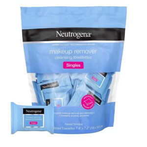 neutrogena makeup remover cleansing towelette singles, daily face wipes to remove dirt, oil, makeup & waterproof mascara, individually wrapped, 20 ct (pack of 2)