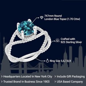 Gem Stone King 925 Sterling Silver London Blue Topaz Ring For Women (1.70 Cttw, Round Cut 7MM, Gemstone Birthstoneת Available in size 5, 6, 7, 8, 9)