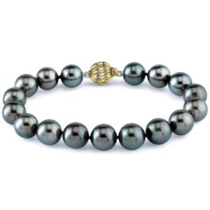 The Pearl Source 14K Gold 8-9mm AAAA Quality Round Black Tahitian South Sea Cultured Pearl Bracelet for Women