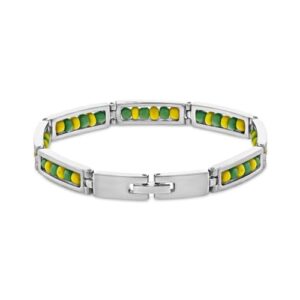 stainless steel unisex link wristband inside green and yellow beaded babalawo orula bracelet 7" - babalawo orula unisex bracelet