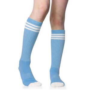 judanzy baby, toddler and kids knee high tube socks for boys and girls with grips (1 pair) (6-10 years (shoe size 1-4), columbia blue/white)