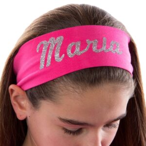 Funny Girl Designs TEAM SPORT Cotton Stretch Headband with your personalized GLITTER Text - 2.5 inch Wide Headband - Your COLORS and TEXT