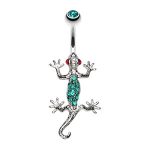 covet jewelry moving gecko lizard sparkle belly button ring (14 ga, length: 10mm, green)