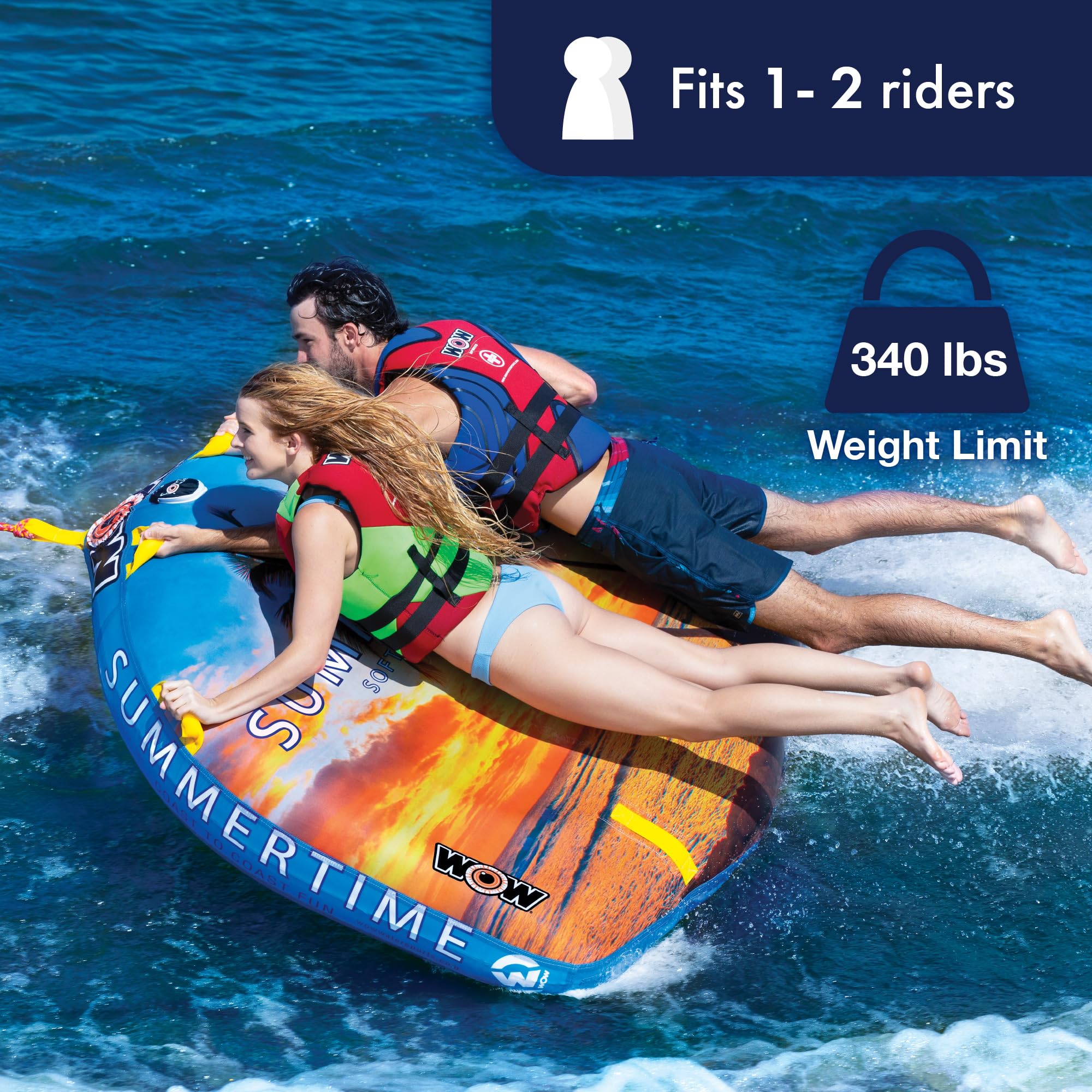 WOW Sports - Summer Time Soft Top Deck Tube - 2 person Inflatable Boating Accessory - Fits Kids & Adults