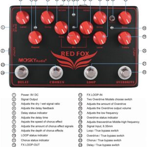 Moskyaudio Red FOX Multieffects 4-in-1 Multi-functional Guitar Effect Pedal with Overdrive, LOOP, Chorus and Delay Effects