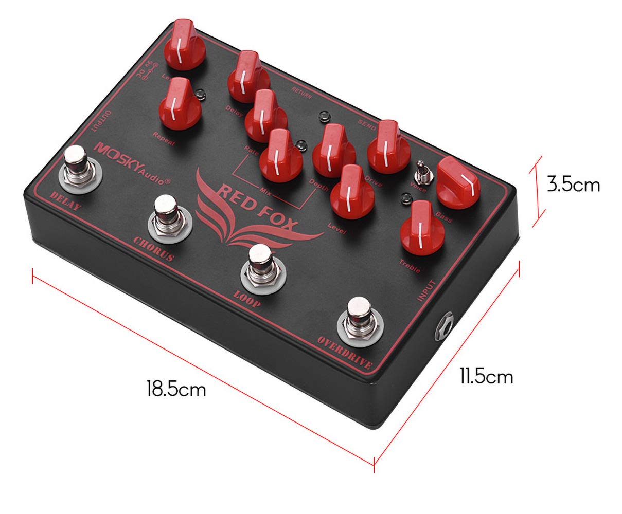 Moskyaudio Red FOX Multieffects 4-in-1 Multi-functional Guitar Effect Pedal with Overdrive, LOOP, Chorus and Delay Effects