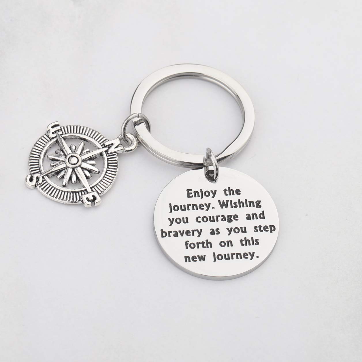 BEKECH Graduation Keychain New Adventure Gift Enjoy the Journey Wishing You Courage and Bravery As You Step Forth On This New Journey Compass Key Chain Gift for Graduates(silver)