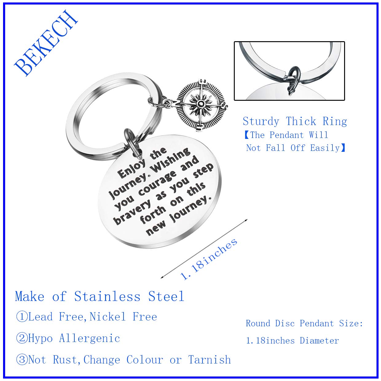 BEKECH Graduation Keychain New Adventure Gift Enjoy the Journey Wishing You Courage and Bravery As You Step Forth On This New Journey Compass Key Chain Gift for Graduates(silver)