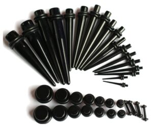 zaya body jewelry 16g-00g ear stretching kit black plugs and tapers 00g 0g 2g 4g 6g 8g 10g 12g 14g gauges plus instructions