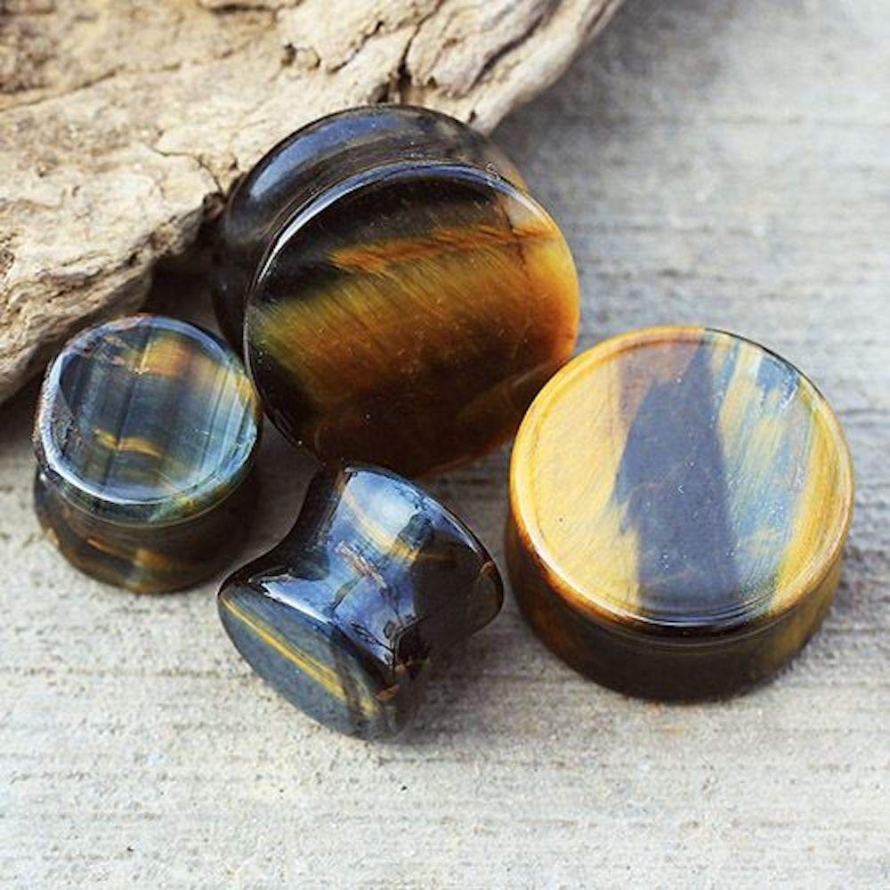 Covet Jewelry Natural Blue Tiger Eye Stone Saddle Plug (5/8")