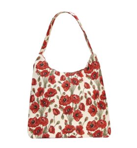 signare red and white women’s fashion canvas top zip hobo shoulder bag beach bag with poppy flower (hobo-pop)