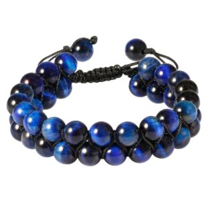 sunyik 8mm round blue tiger's eye stone adjustable bracelet for unisex, double layers beads macrame friendship bracelets, 7"-10" strand